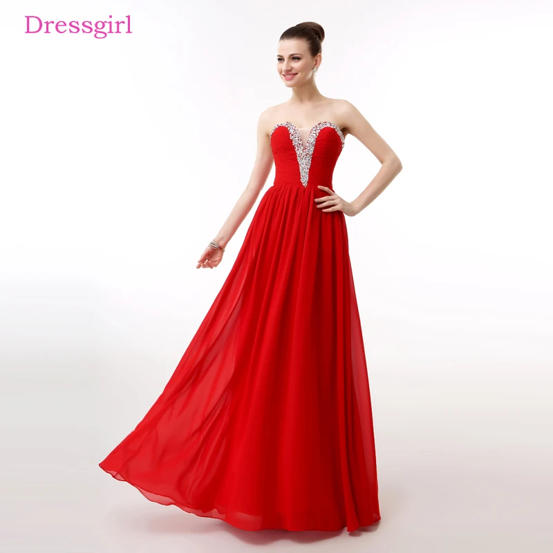 Red Evening Dresses 2017 A Line Sweetheart Chiffon Beaded Crystal