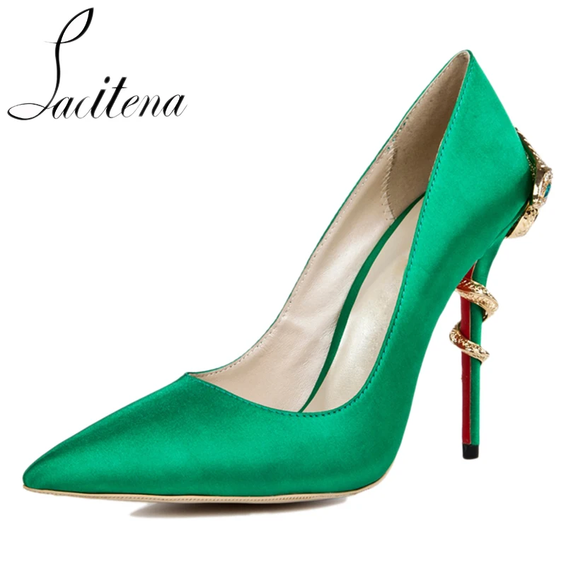 Snake Fretwork High Heels Shoes Green Satin Shoes Elegant Dance Dress ...