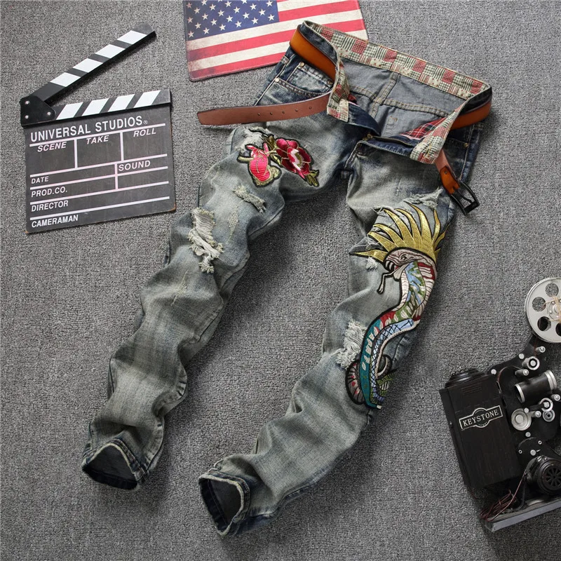 2018 New Blue Embroidery Cobra Flower Jeans For Men Holes Male Pant ...