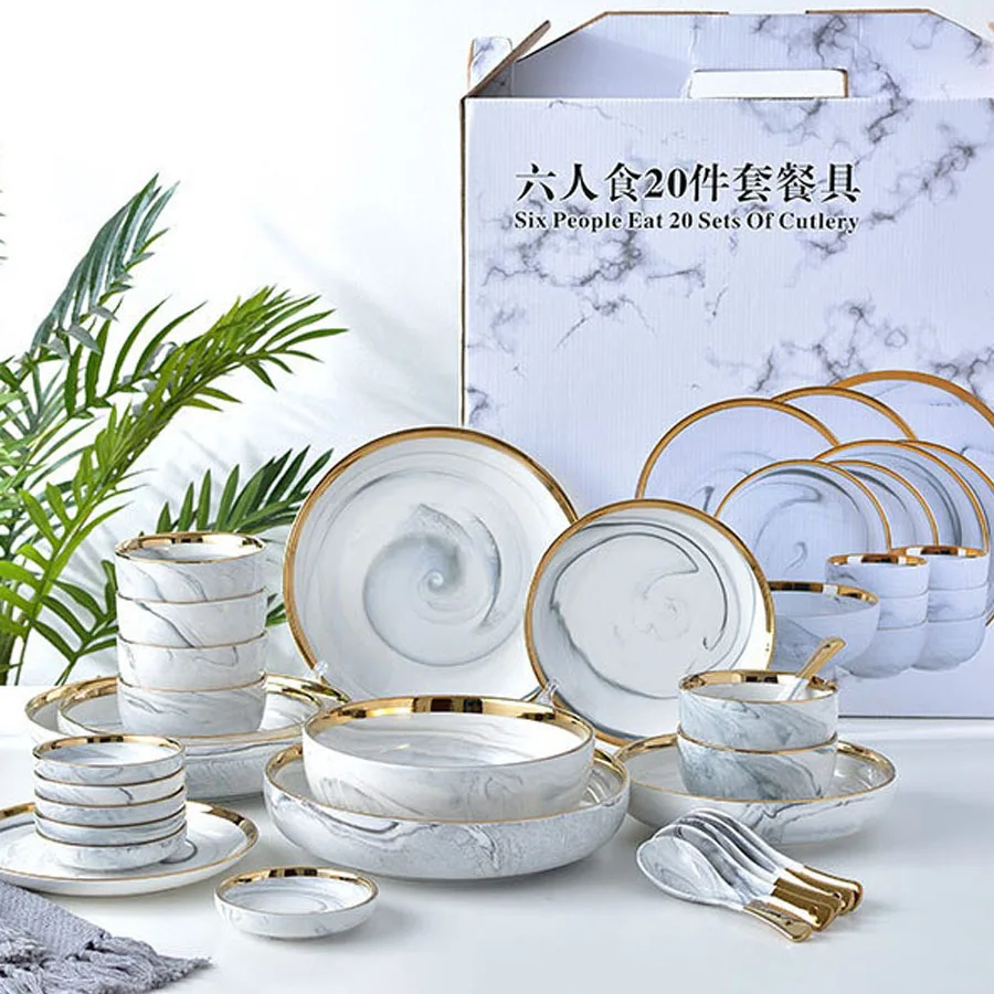6 People Eat Marble Ceramic Dinner Dish Dishes And Plates Sets ...