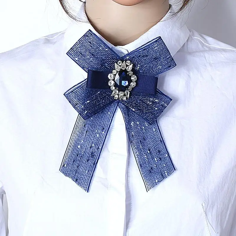 Women Solid Color Bowknot Necktie Rhinestone Wedding Brooch Collar Pin