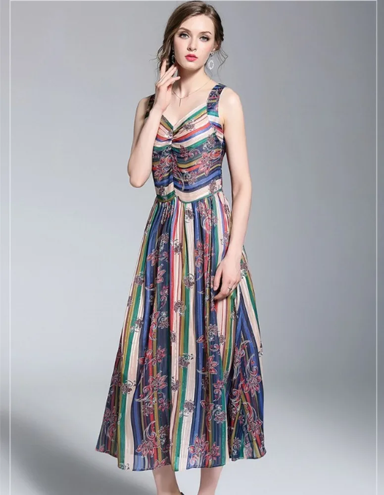 Rainbow Stripe Long Beach Summer Dresses Casual Sundresses Women