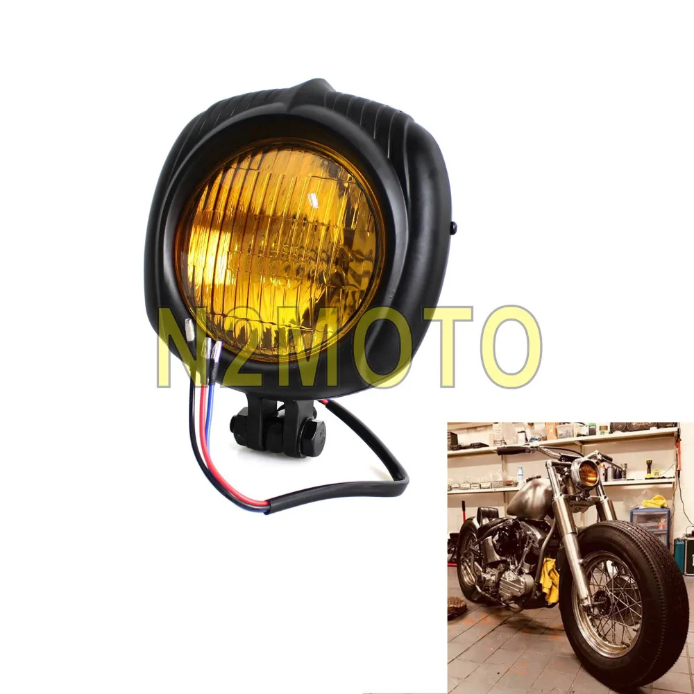 Black Cafe Racer Headlamp With Grill Amber Lens | Reviewmotors.co