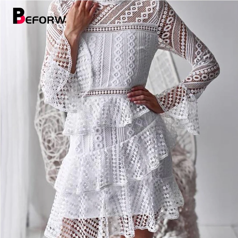 Buy Beforw Elegant Hollow Out Ruffle Lace Mini Dress
