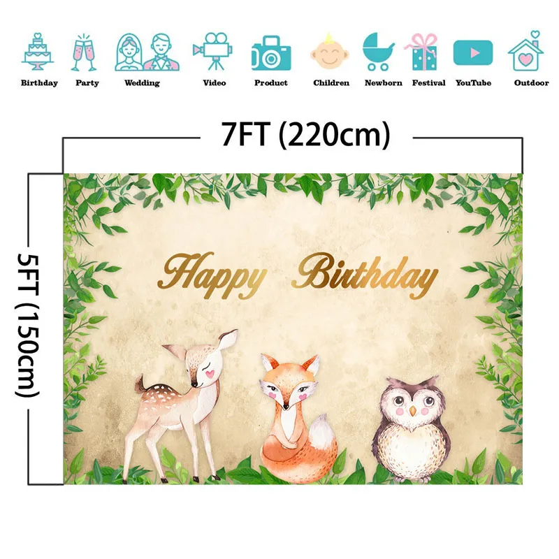 NeoBack Woodland Happy Birthday Party Banner Backdrops Woodland Animals ...