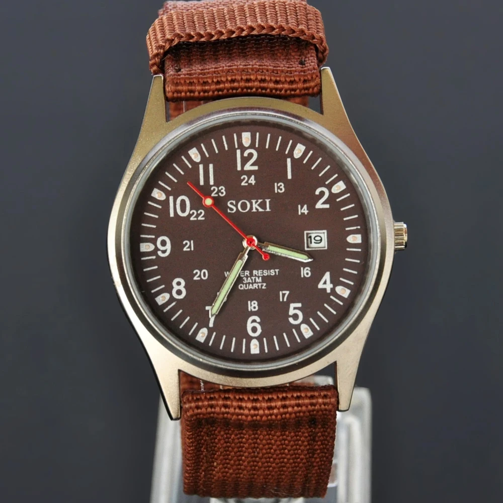 SOKI Brown Color Date Analog Mens Military Sport Quartz Wrist Band ...