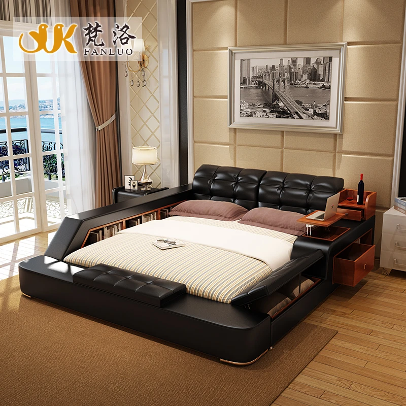 Modern Leather Queen Size Storage Bed Frame With Side Storage Cabinets ...