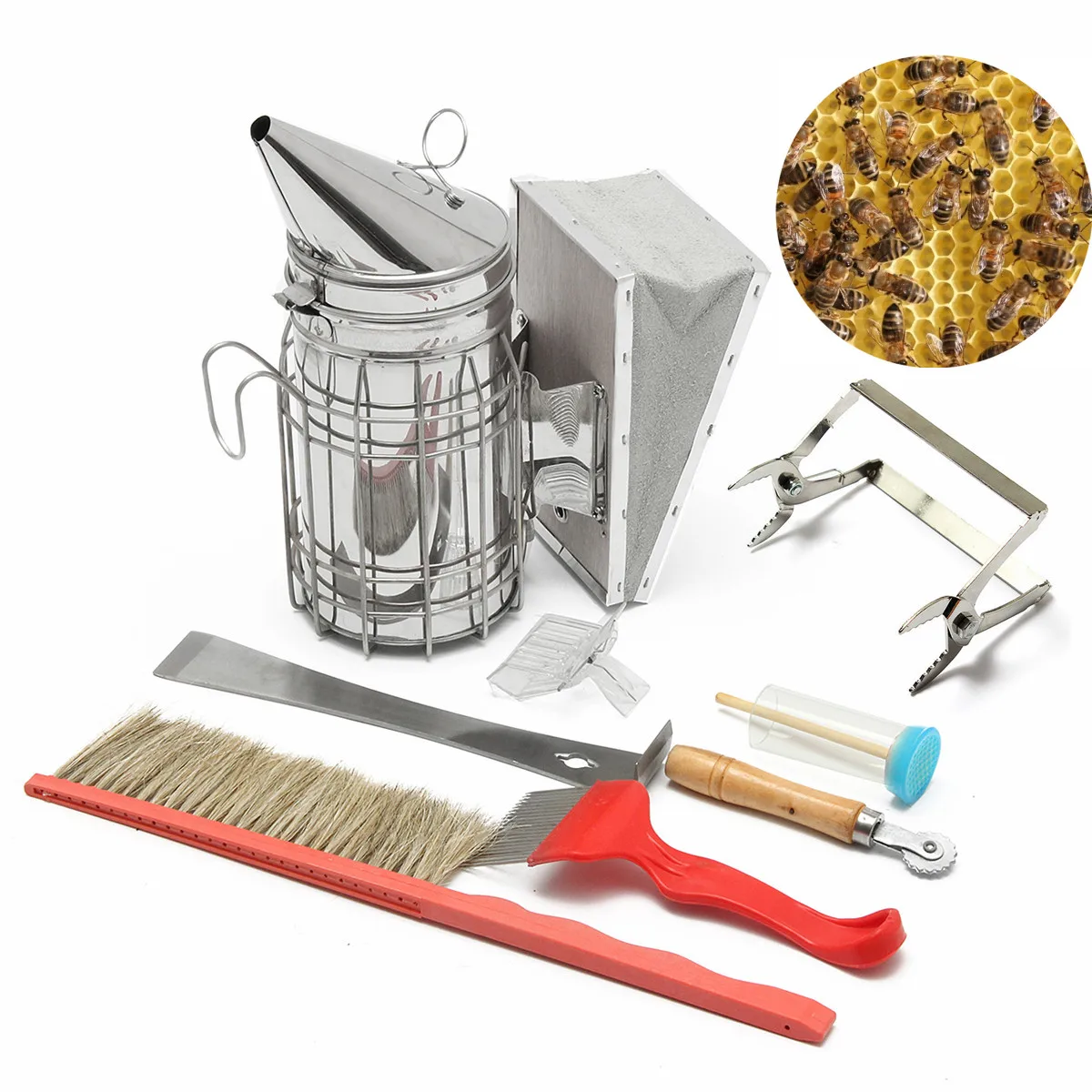 8PCS BEE Equipment Smoker Brush Uncapping Fork Queen Catcher Marker ...