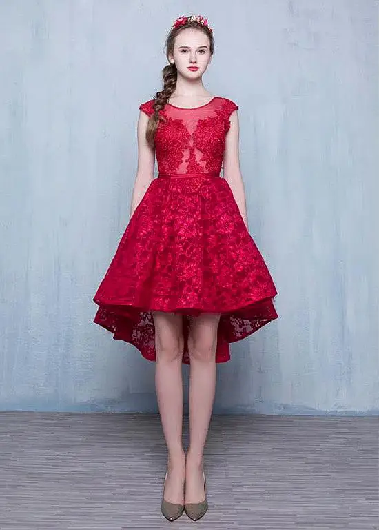 Burgundy Lace High Low Short Prom Cocktail Dresses Cap Sleeves Short