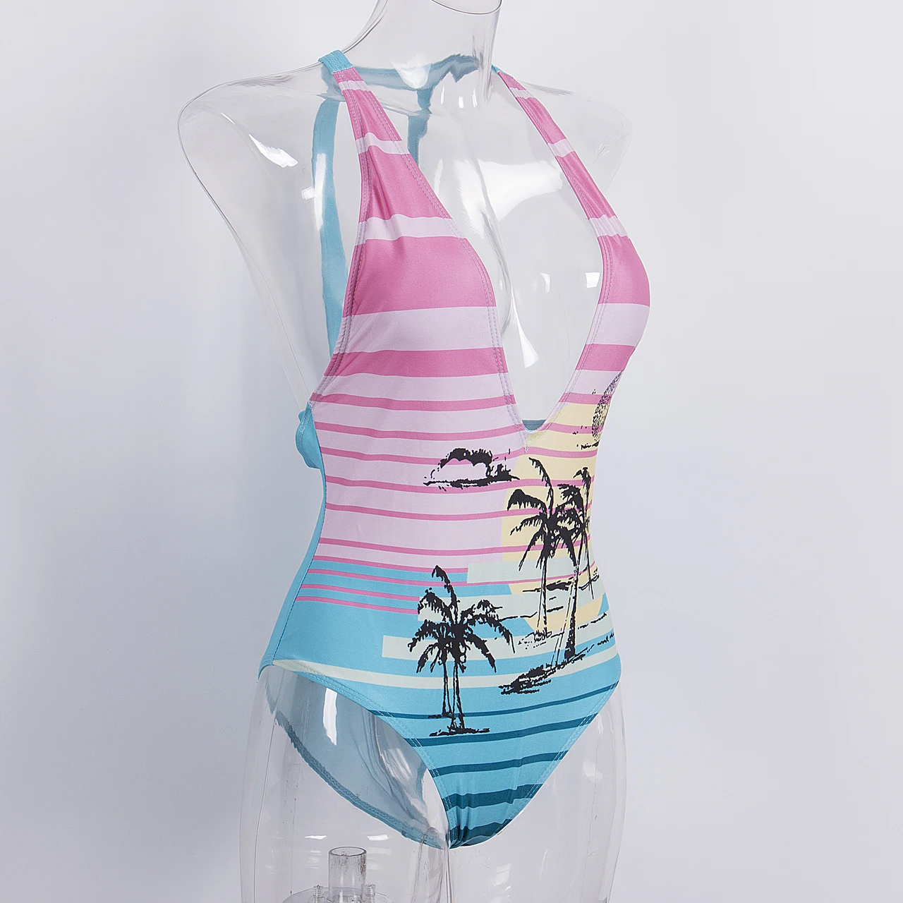 휴일 여성 원피스 코코넛 나무 프린트 수영복 비키니 수영복 비치웨어 v 넥 붕대 monokini 수영복 수영|suit swim ...