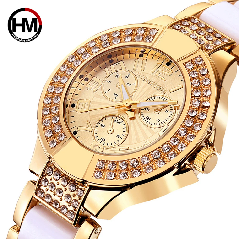Bling Rhinestone Hannah Martin Luxury steel Quartz Watch Women Clock ...