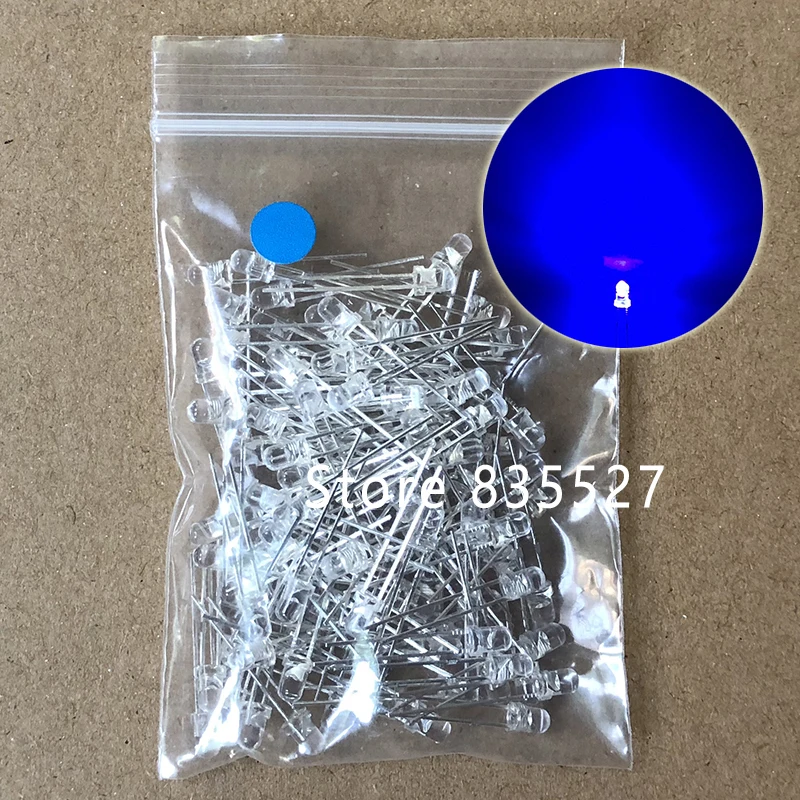 100PCS/LOT F3 3MM Round Transparent Shell Blue LED Light emitting ...