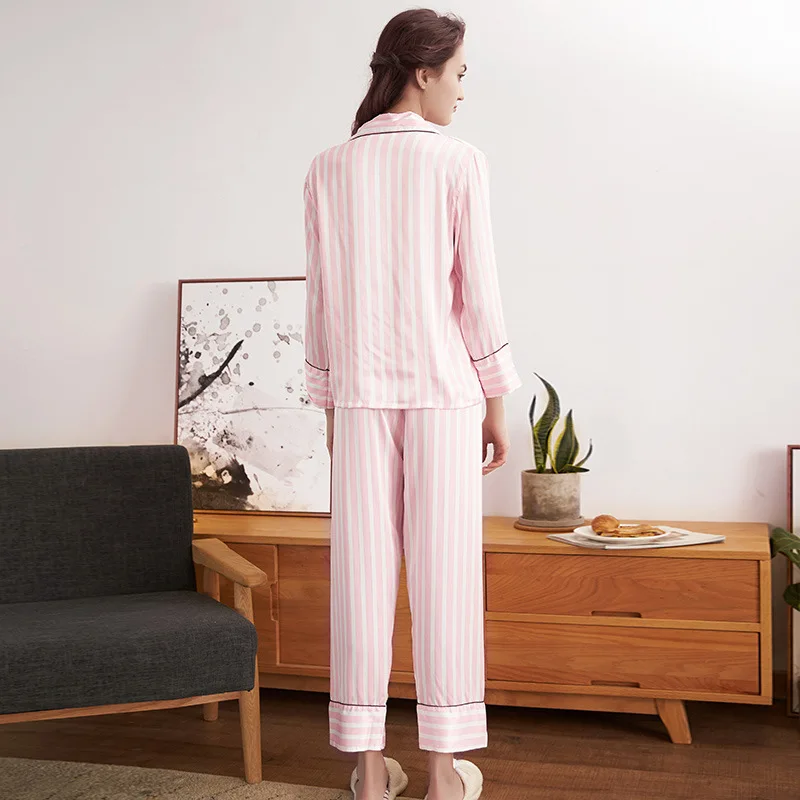 PS0111 Spring Autumn Women Pajamas Striped Pyjama Nightwear Lady Satin ...