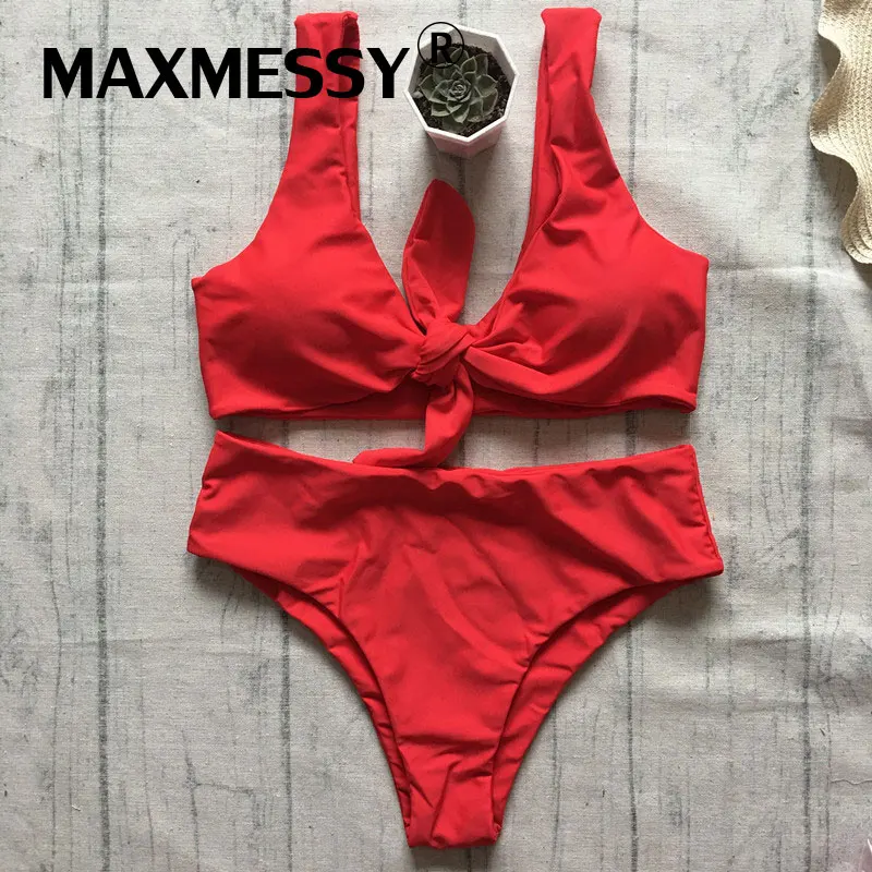 Maxmessy 2018 New Sexy Swimsuit Chest Knotted High Waist Bikini Solid