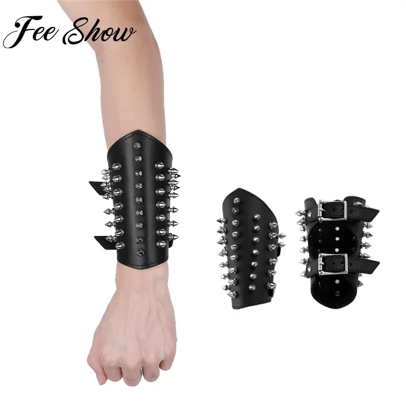 Unisex Faux Leather Metal Spikes Gauntlet Wristband Armband Guard ...