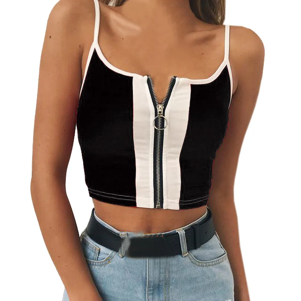 Summer Female Crop Top Vest Off Shoulder Sexy Women Strappy Sleeveless Patchwork Zipper Casual