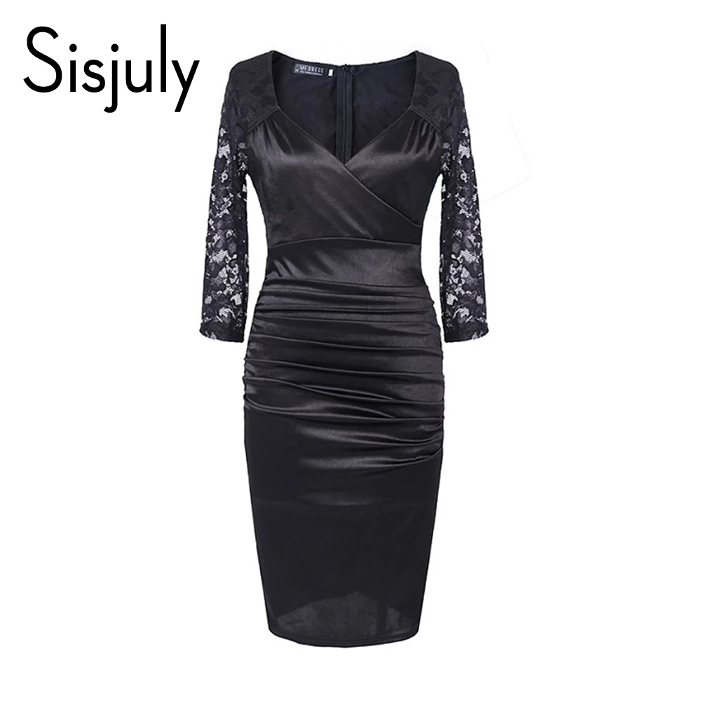 Sisjuly Vintage Party Dress Women Lace Hollow Pleated V Neck Dress