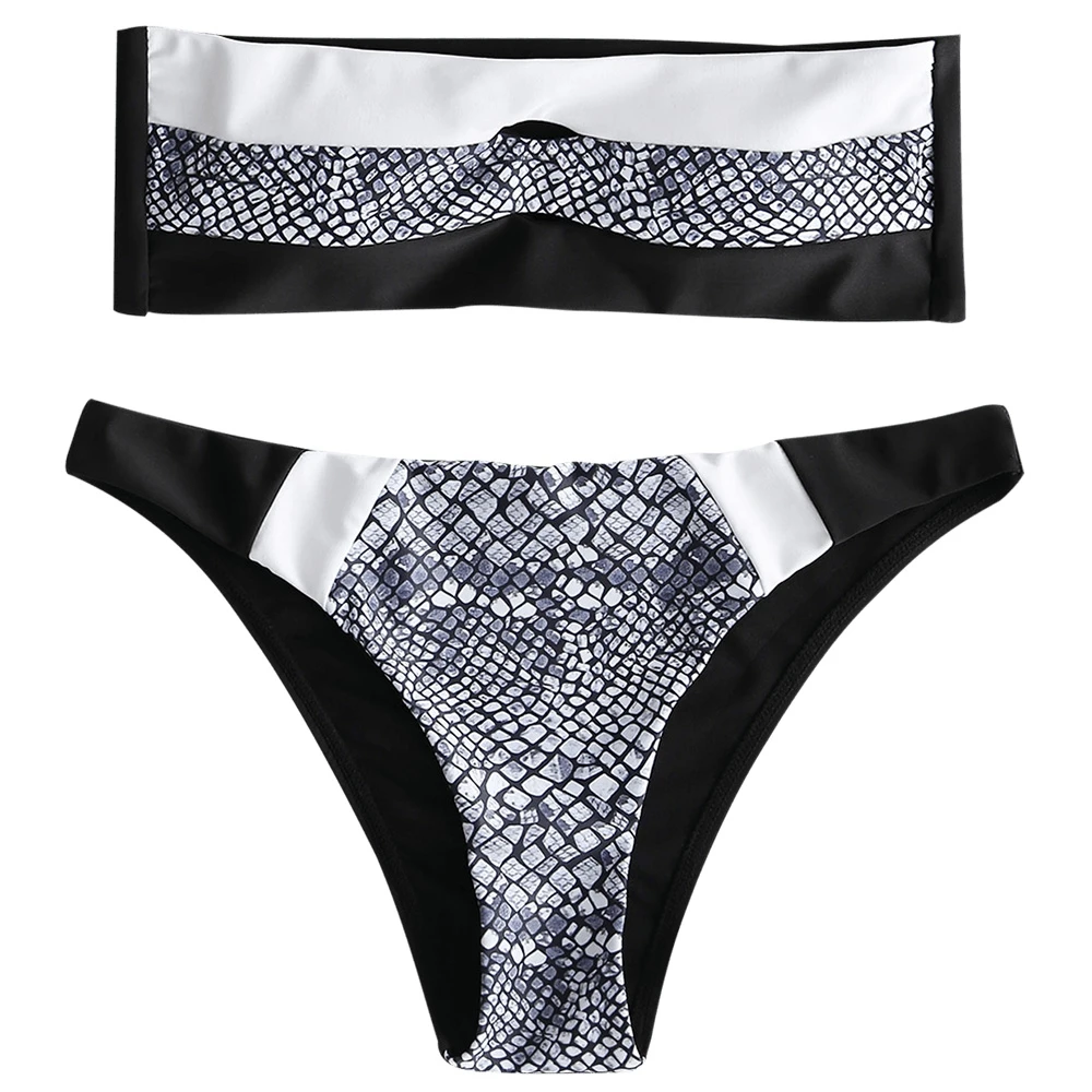 Two Tone Knot Color Cut Bandeau Bikini Set Strapless Leg Swimwear Women