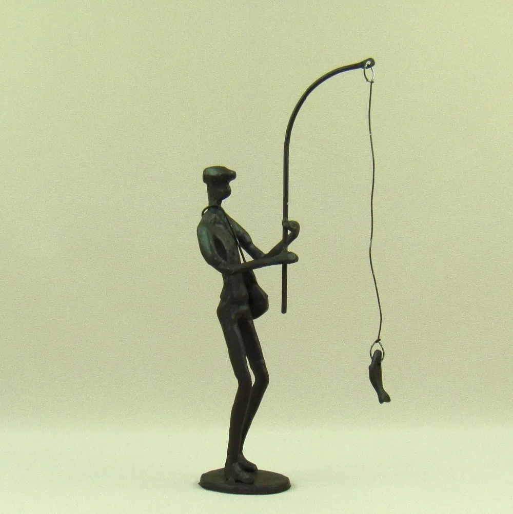 Abstract Metal Fishing Man Sculpture Handmade Cast Iron Angling ...