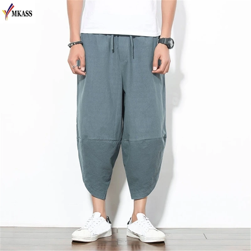 Mens Chinese Style Boho Harem Pants Streetwear Mid Waist Loose Leisure