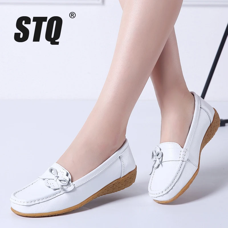 STQ 2019 primavera mujeres pisos de cuero genuino ballet pisos madre zapatos deslizamiento en ...