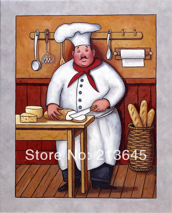 Handpainted Chef cutting bread in kitchen Oil Painting on Canvas Wall ...