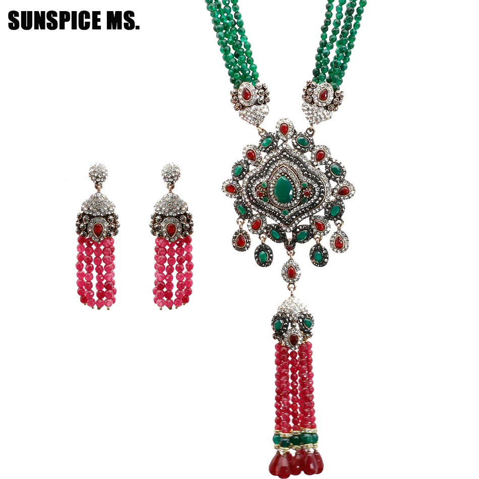 New Natural Stone Turkish Jewelry Sets Red Green Crystal Zircon Antique ...