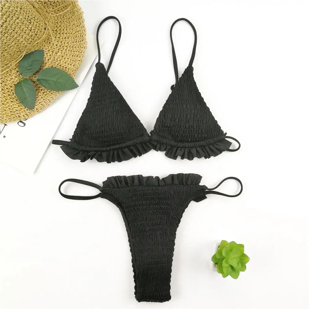 Pleated Bikini Women Solid Swimwear Fold Swimsuit Sexy Thong Bikinis ...