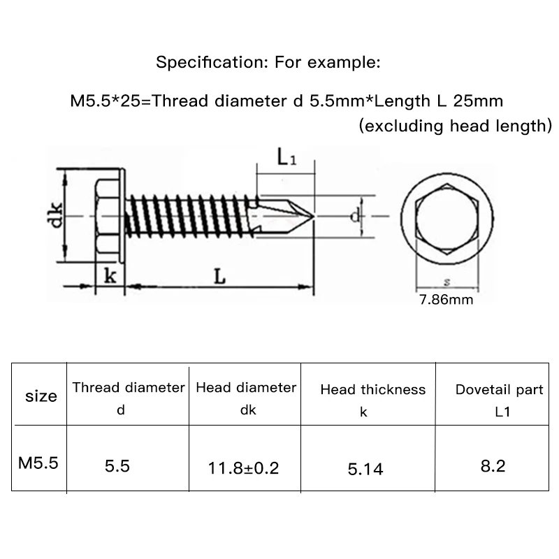 LUCHANG M5.5 410 нержавеющая сталь внешний шестигранный саморез Болт резьба сверлильный ...