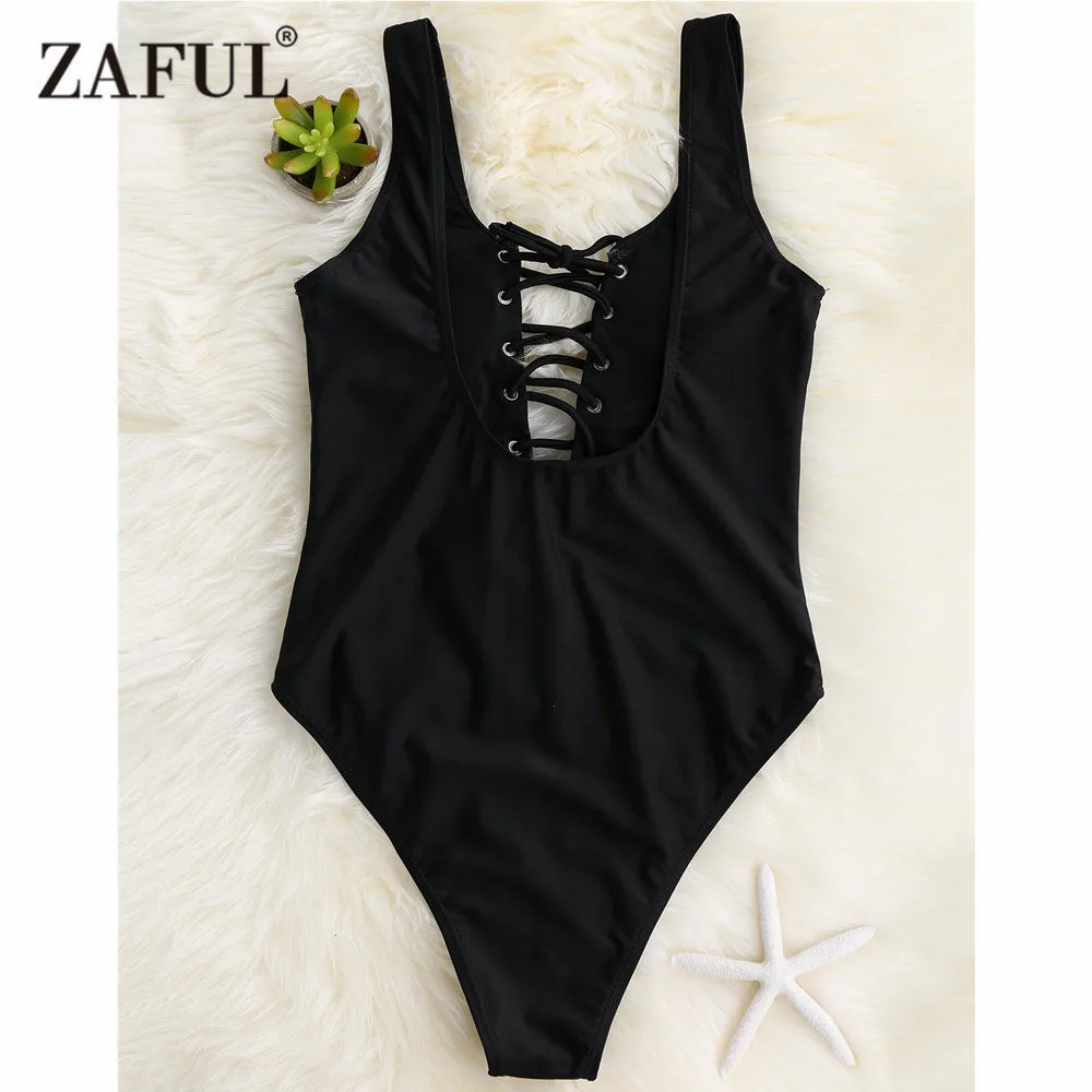 Zaful 2017 Women New Lace Up Plunge Swimsuit Natural Waisted Plunging