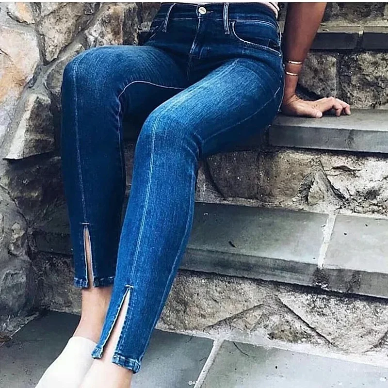 Denim básico vaqueros clásico 4 temporada de cintura alta de mujeres ...