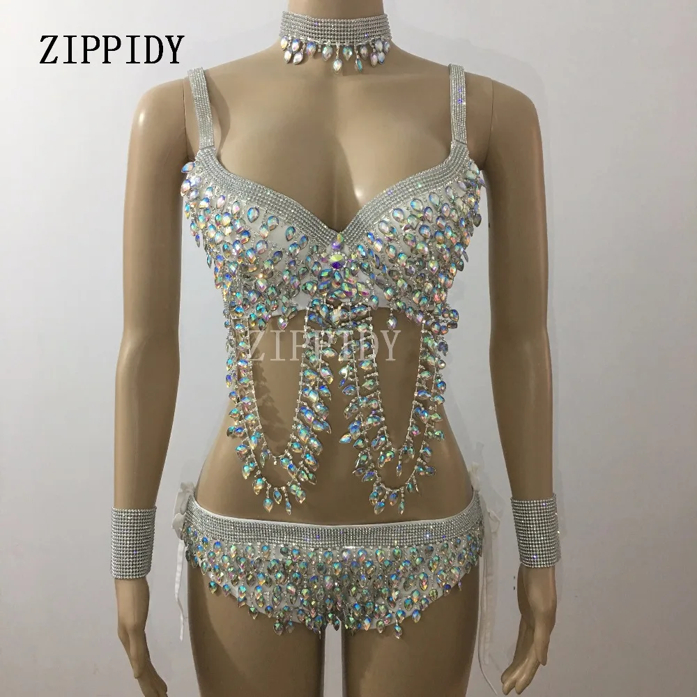 Sparkly Ab Color Stones Crystals Sexy Bikini Bra Short Outfit Shining
