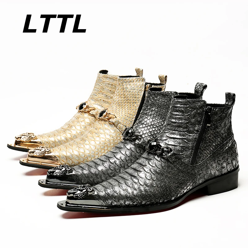 LTTL Fashion Metal Toe Ankle Boots Chain Jeweled Mens Zipper Boots Real ...