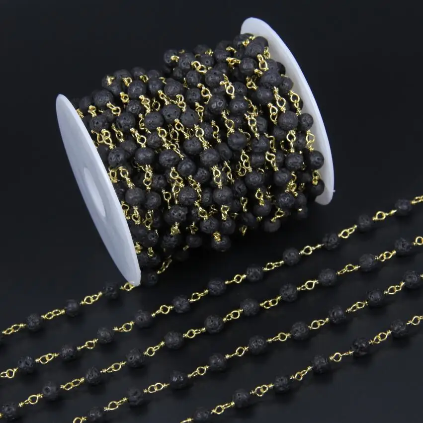 6mm Black Lava Round Bead Chain,Delicate Rosary Style Beaded Chain ...