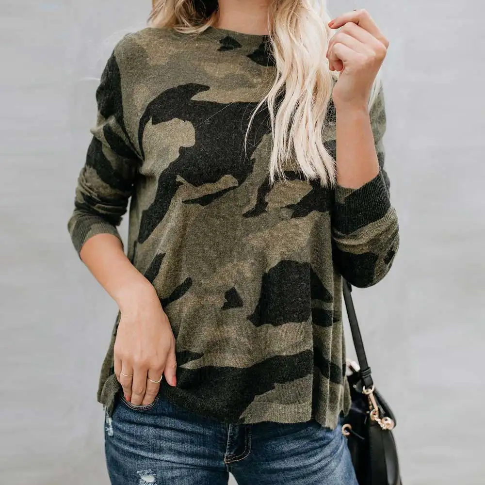 Brand Camouflage Print Women Long Sleeve Fashion T Shirt O Neck Lady