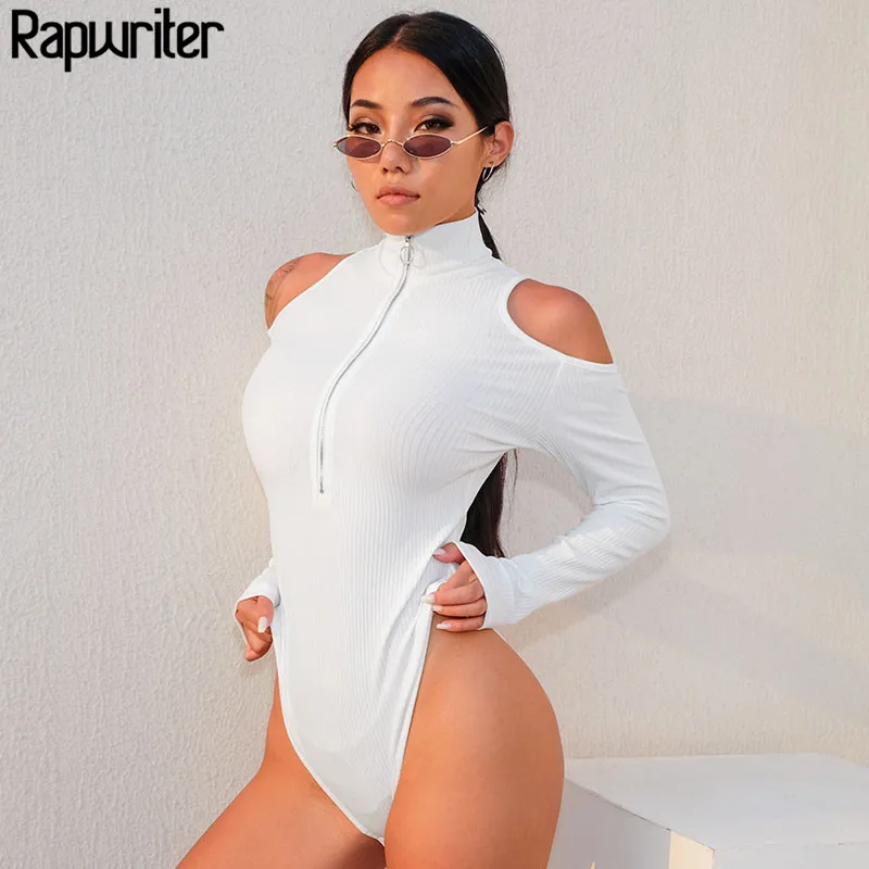 Rapwriter Sexy Off Shoulder Front Ring Zipper Turtleneck Vertical