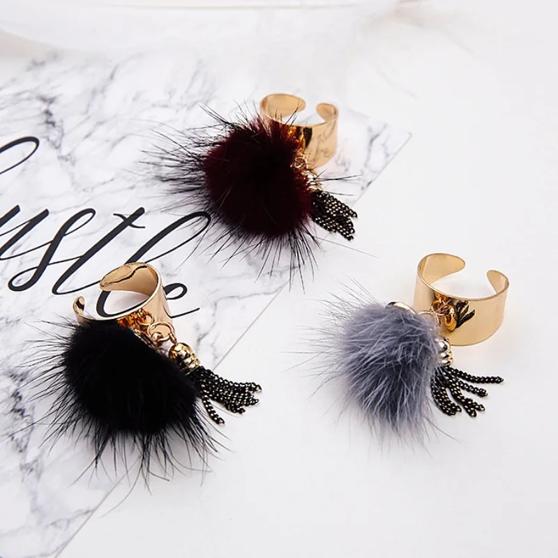 Fashion Mink Fur Ring Metal tassel Mink Fur Pompom Ball Opening ...