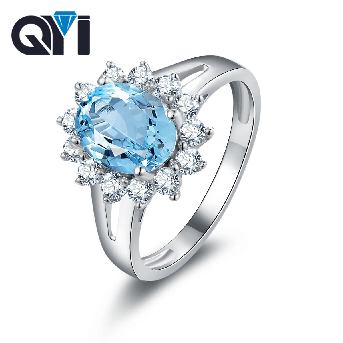 QYI 天然スカイブルートパーズ 925 スターリングシルバーリング 2 ct オーバルカット宝石の婚約指輪の女性のカクテルパーティー ...