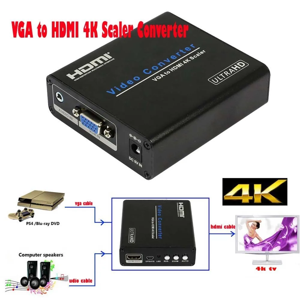 Hd Audio Vga To Hdmi 4k Scaler Converter Analog To Digital 4k2k Hdmi Out Pc Laptop Vga Monitor