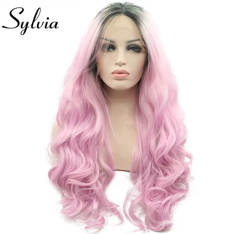 Sylvia Ombre Pink Wig With Dark Roots Synthetic Lace Front Wigs Heat