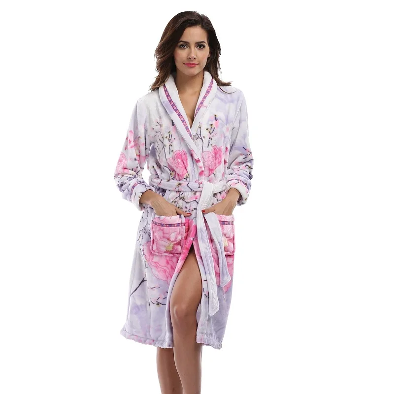 Women's Flannel Robe Luxury Winter Sleepwear Warm Loungewear Terry ...