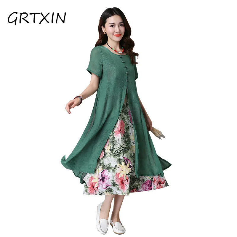 Nuevo vestido de verano de manga corta de algodón de lino para mujer Vestido largo de loto falso ...