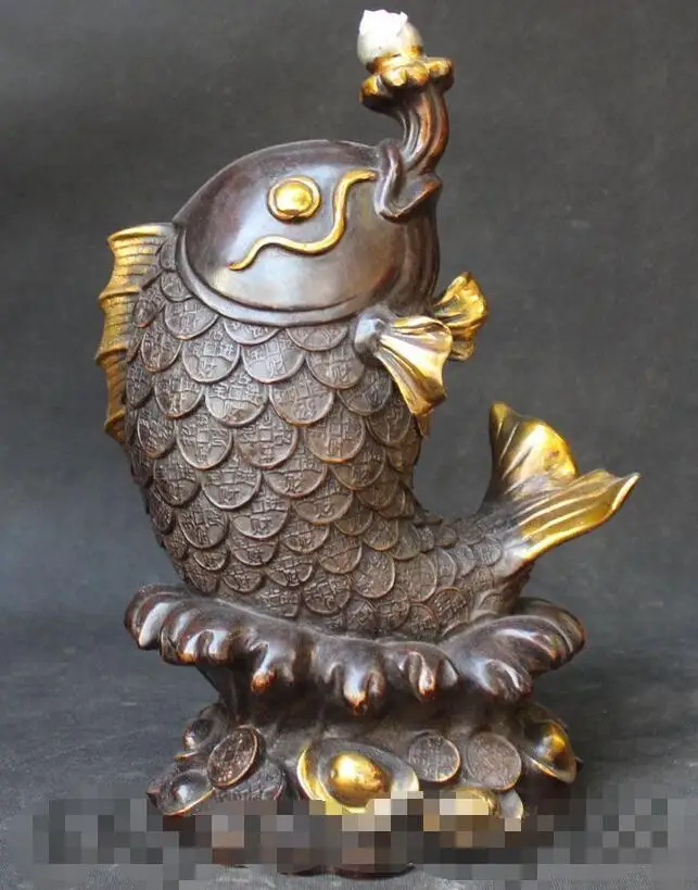 12 "Oude Chinese palace Bronze Gilt Fu Ru Yi Rijkdom geldzak Vis ...