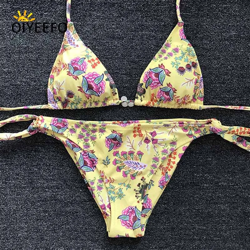 Oiyeefo Sexy Yellow Floral Halter Bikini Women Two Pieces Swimming Suit