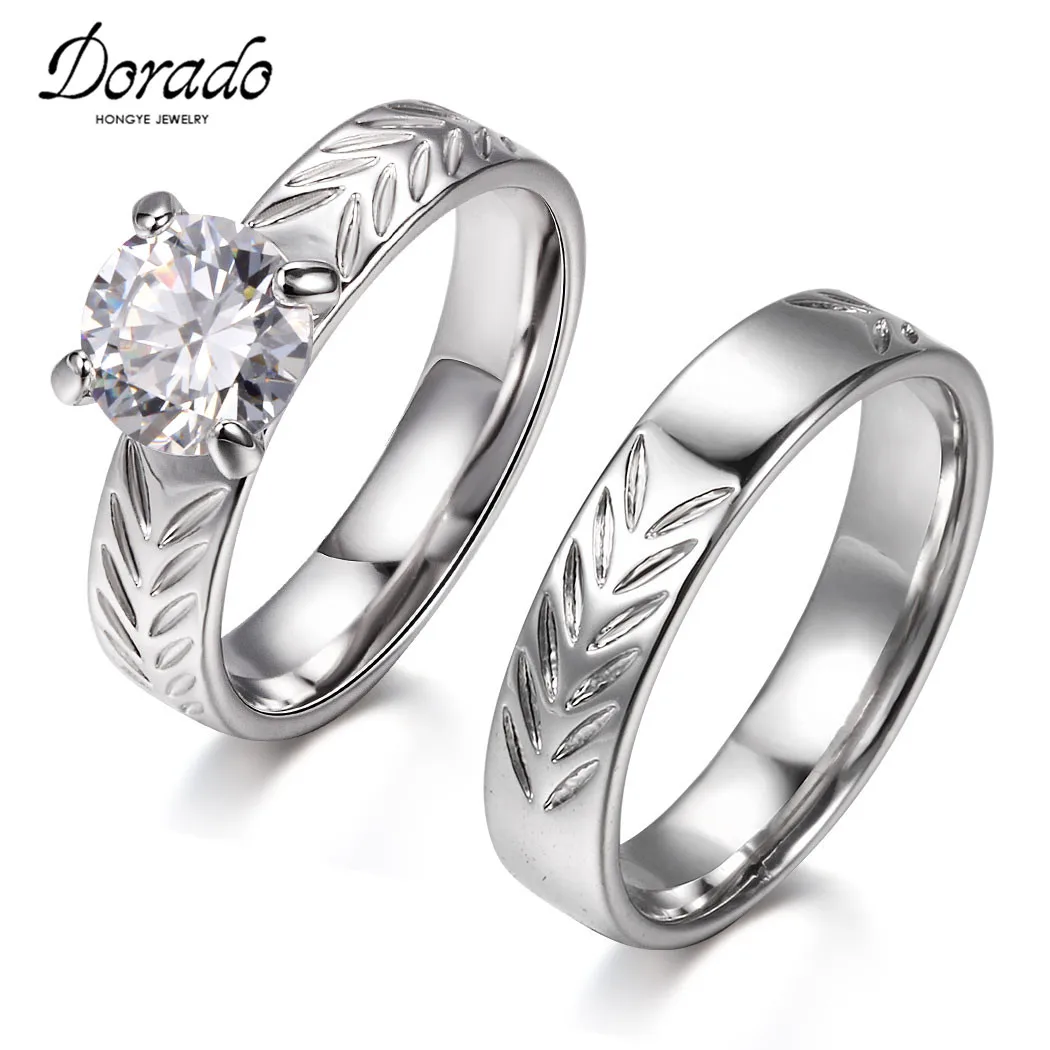 Dorado Romantic Carve Leaves Couple Rings Set Cubic Zircon Weddings ...