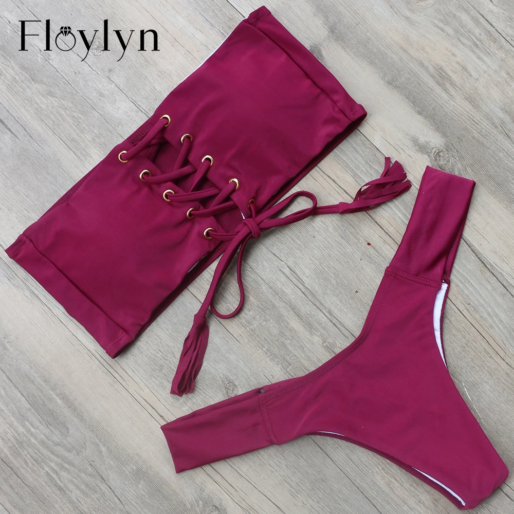Floylyn Lace Up Bikini Set Top Swimsuit Women Sexy Swimwear Blue Red