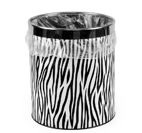 Leather Zebra Pattern Storage Bucket Stainless Steel Garbage Bin Paper Basket Rubbish Barrel ...