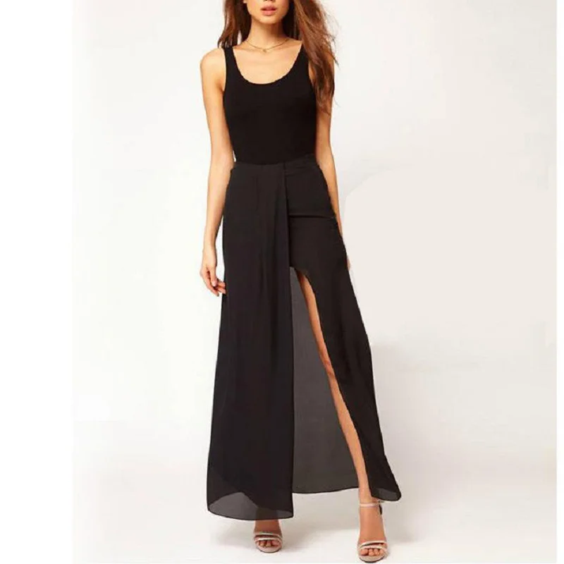 Hot Sexy Womens Open Side Split Skirt Summer Solid Chiffon Long Maxi Skirts Boho S M L Irregular