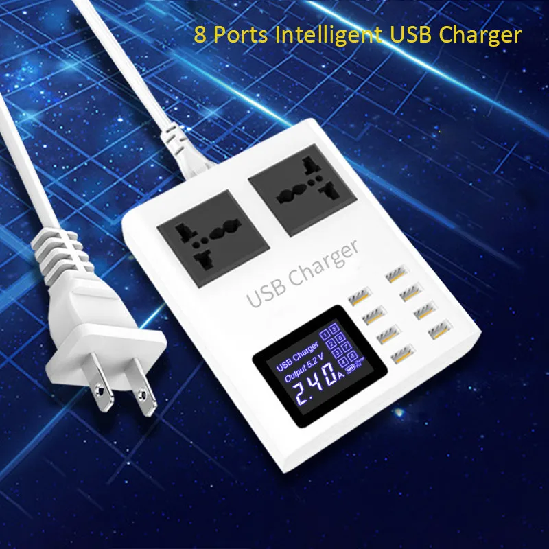 8 Port Smart USB Charger 41W LCD Display With Power Strip 2 AC Outlet ...