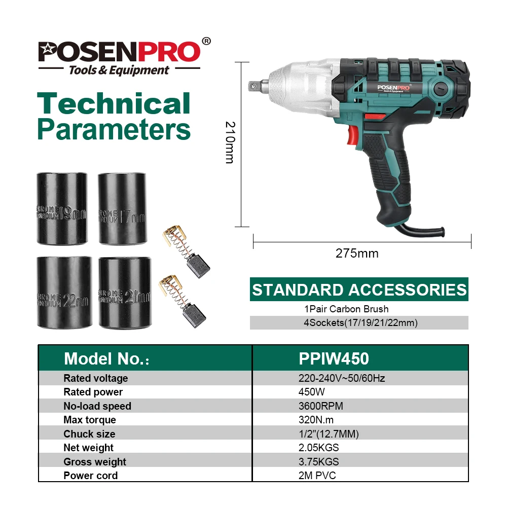 POSENPRO 450W Electric Impact Wrench Powerful 320Nm Max Torque 1/2 inch ...